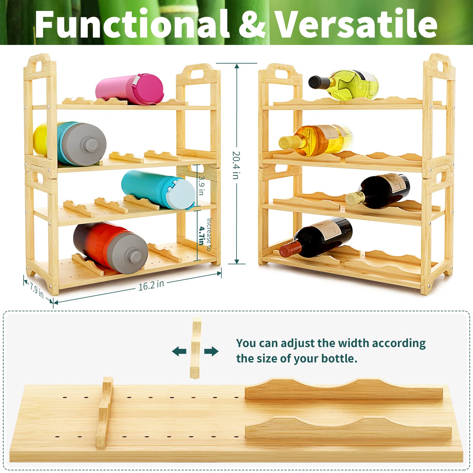 KOK KAY Water Bottle Organizer, Stackable Bamboo Water Bottle Holder, 20 Freestanding Wine Rack Storage - 4-Layer Adjustable Water Bottles Storage Organizer Rack