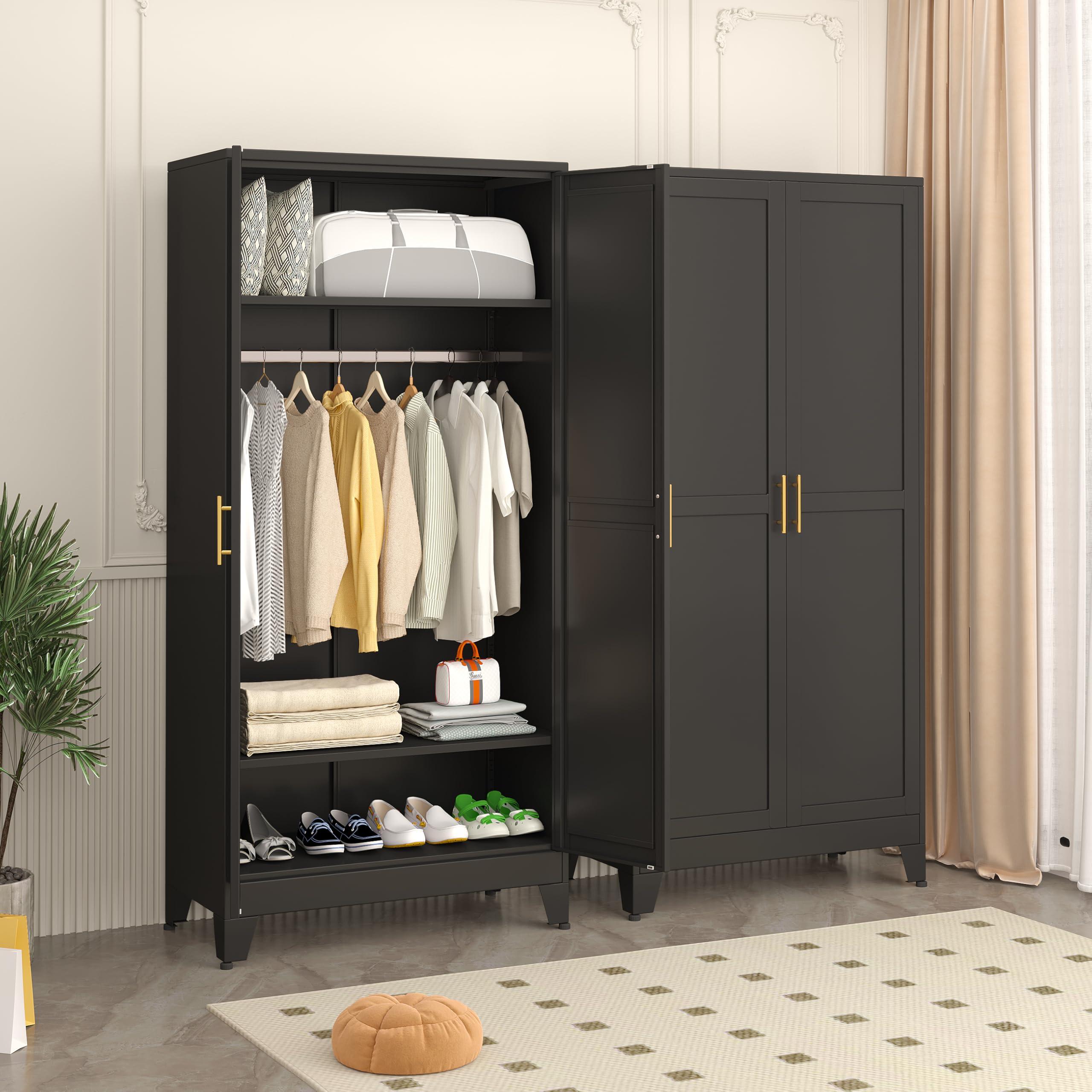 pozdeg Metal Armoire Wardrobe Closet, 71" Tall Clothing Storage Cabinet with Hanging Rods, Household Closet Organizers with Adjustable Shelves for Home Office or Gym (Black)