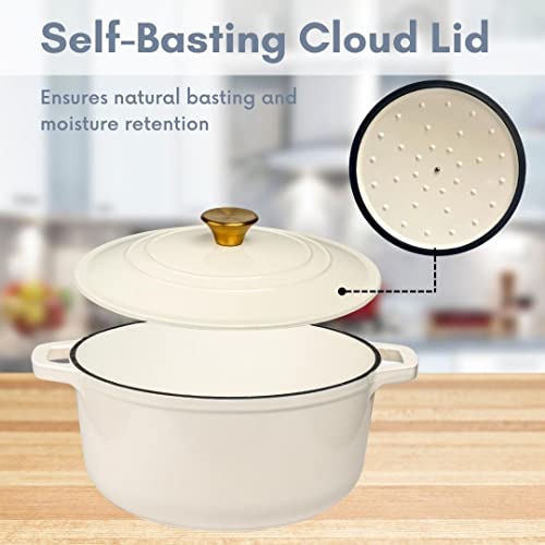 Lexi Home Cast Iron Enameled Dutch Oven Pot with Lid 6 qt, Sauce Pan, Pasta Server, Stove Top Pot, Dish for Sourdough Bread, Slow Cooking Chicken, Soup & More, Kitchen Cookware - Cream
