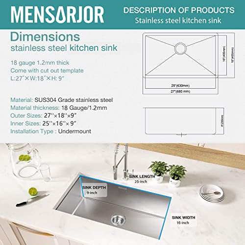 MENSARJOR Undermount Sink, 27" x 18" Single Bowl Kitchen Sink Undermount Stainless Steel Kitchen Sink, Bar or Prep Kitchen sink