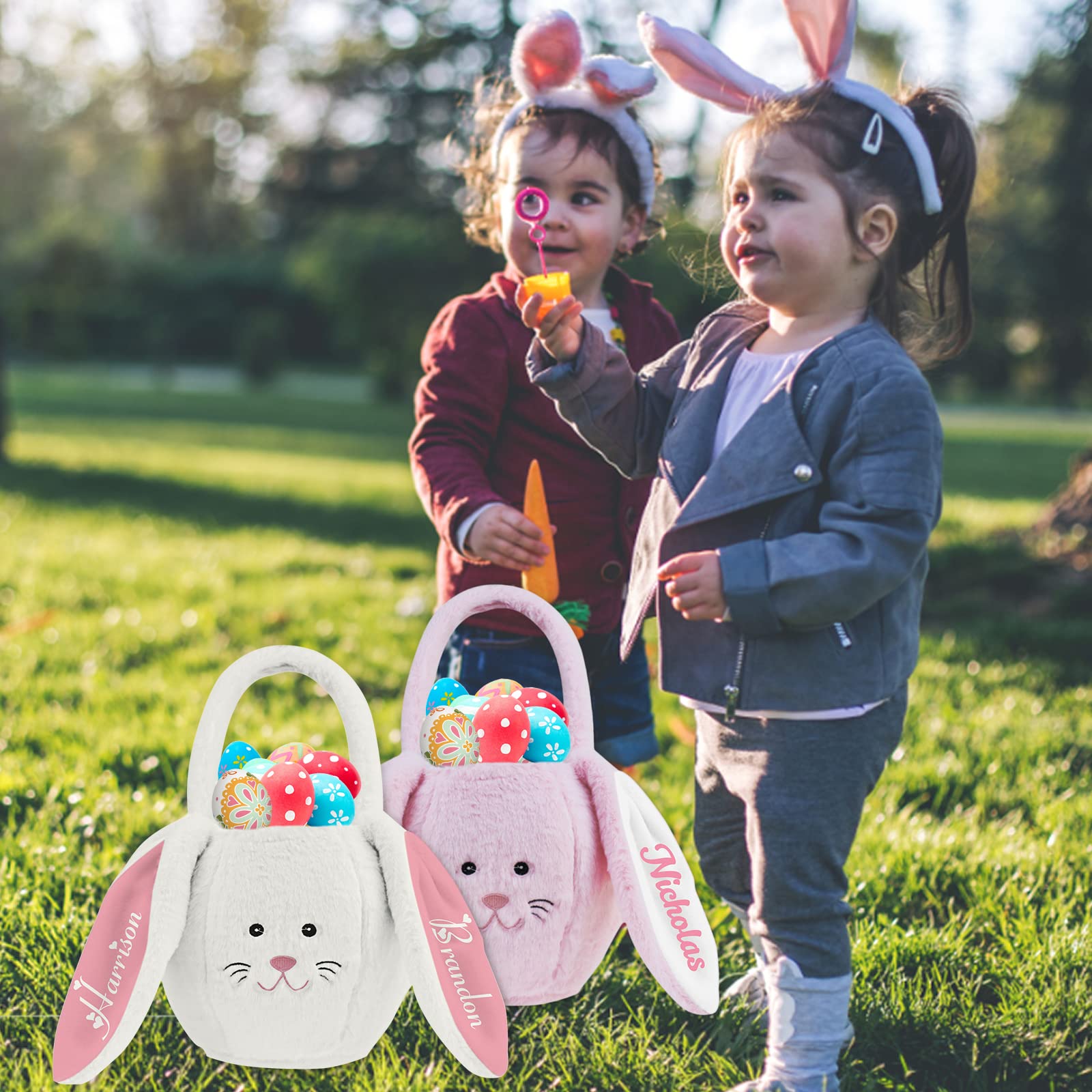 Personalized Easter Buckets with Name Custom Plush Buny Easter Basket with Handle Long Ears, Customized Egg Hunting Bags Easter Gift for Boys Girls, Easter Tote Bag for Candy(Brown)