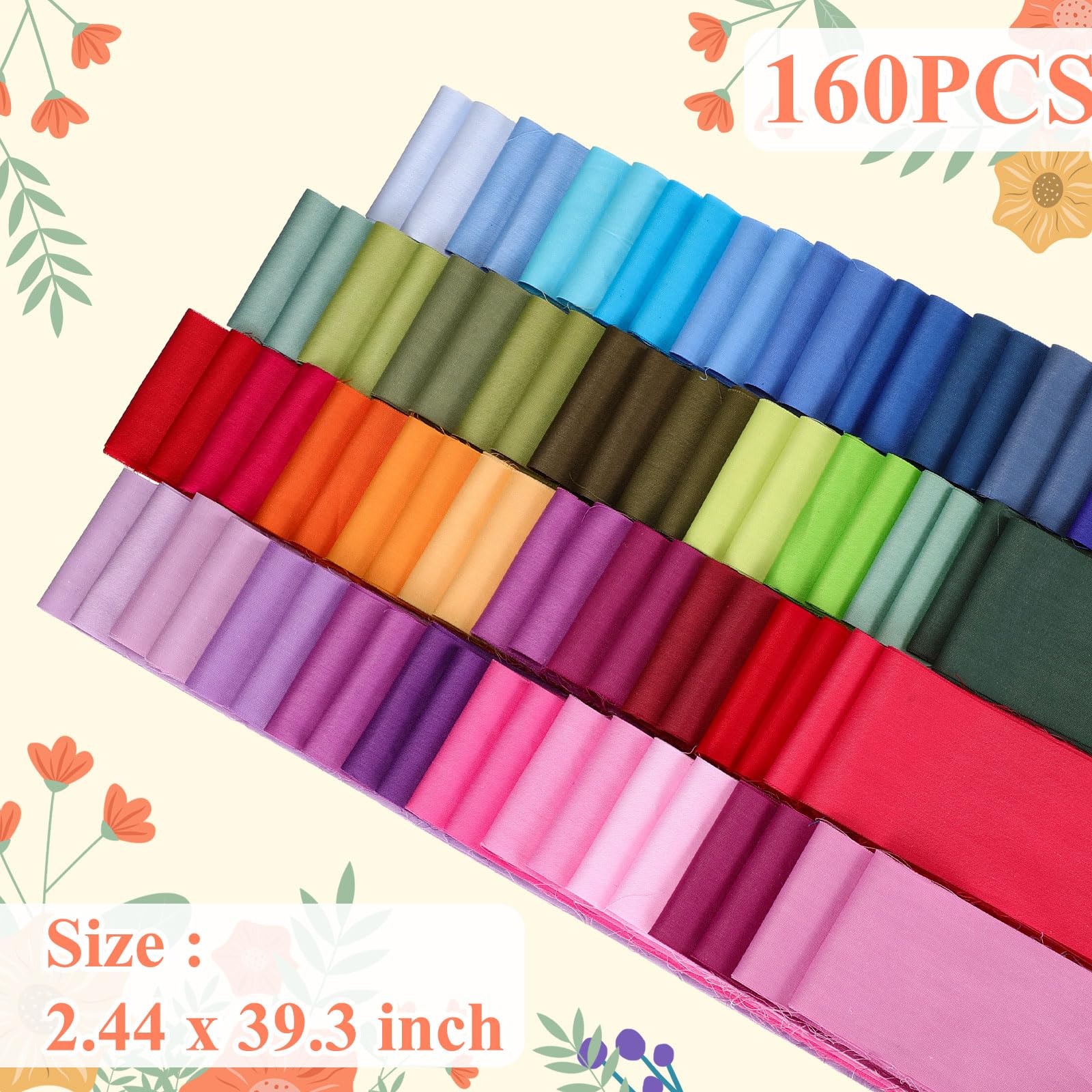 SmoothNovelty 160 Pcs 4 Roll Fabric Strips Assorted Quilting Fabric for Quilting Crafting and Sewing Rolled Cotton for Crafts Blanket Rug Upholstery and Purse Making (Solid)
