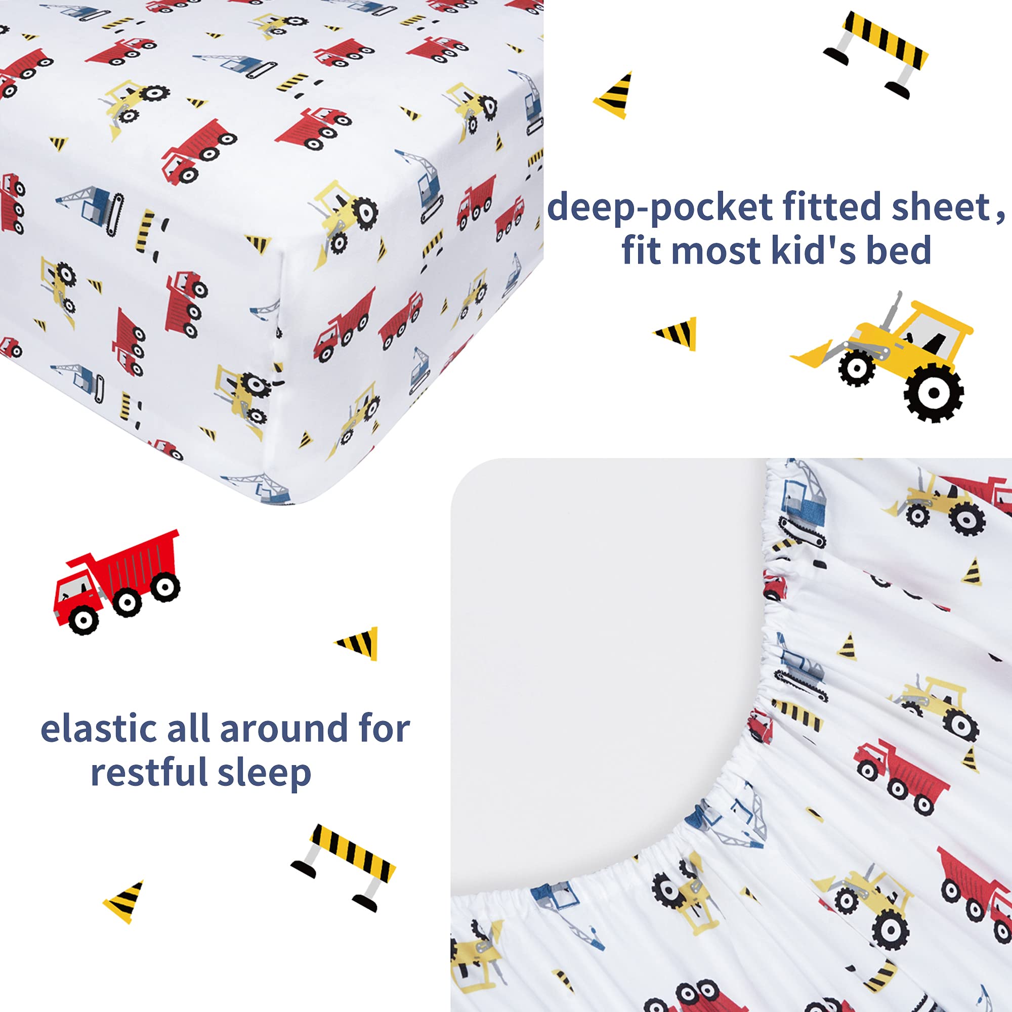Viviland Kids Twin Sheet Set - Twin Size Printed Boys Bed Sheets - Kids Boys Toddlers Breathable Fitted Bed Sheet Twin - Excavator Toys Theme