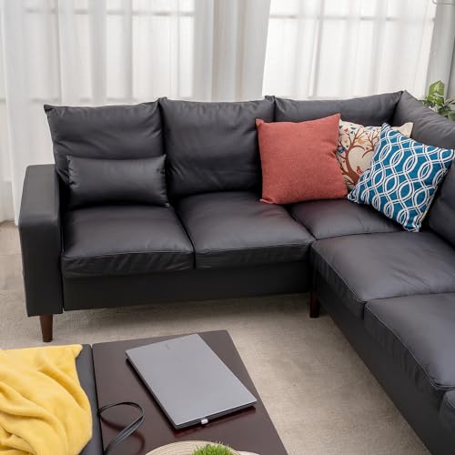 Panana6 Seater Convertible Sectional Sofa L-Shape Sofa Couch Linen Fabric Upholstered for Living Room, Apartment, Office (Black Leather Look Fabric, 6 Seater L Shape Corner Sofa)