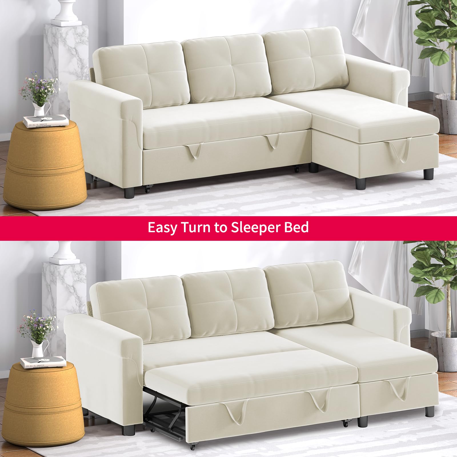 MUZZ Pull Out Sofa Bed with Storage, Reversible Sleeper Sofa,Sectional Sofa, L Shaped Chaise Sofa, Convertible Couches for Living Room,Beige