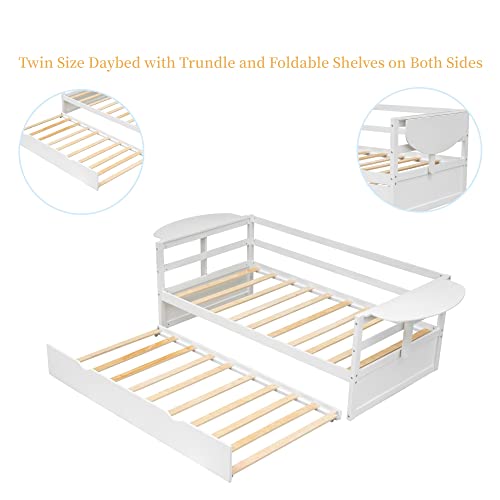 Polibi Twin Size Daybed with Trundle and Foldable Shelves on Both Sides, Wooden Sofa Bed with Wood Frame and Slats, No Spring Box Needed