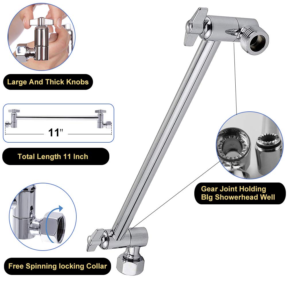 Rain Shower Head with 11'' Adjustable Arm, NearMoon High Pressure Stainless Steel Rainfall Showerhead, Ultra-Thin Design - Pressure Boosting (8-Inch Shower Head with Arm, Chrome)