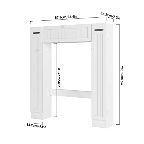Over-The-Toilet Storage Cabinet with 2 Side Doors, Freestanding Toilet Cabinet Organizer with Adjustable Shelves & Paper Holder, Bathroom Space Saver with Pull-Down Door, Toilet Rack, White