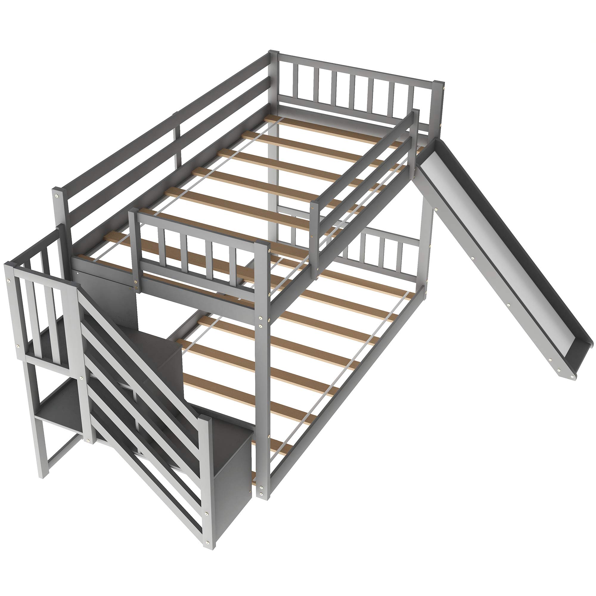 Twin Over Twin Bunk Bed with Slide and Storage Staircase, Twin Size Bunk Bed for Kids, Teens, No Box Spring Needed (Gray, Twin Over Twin)