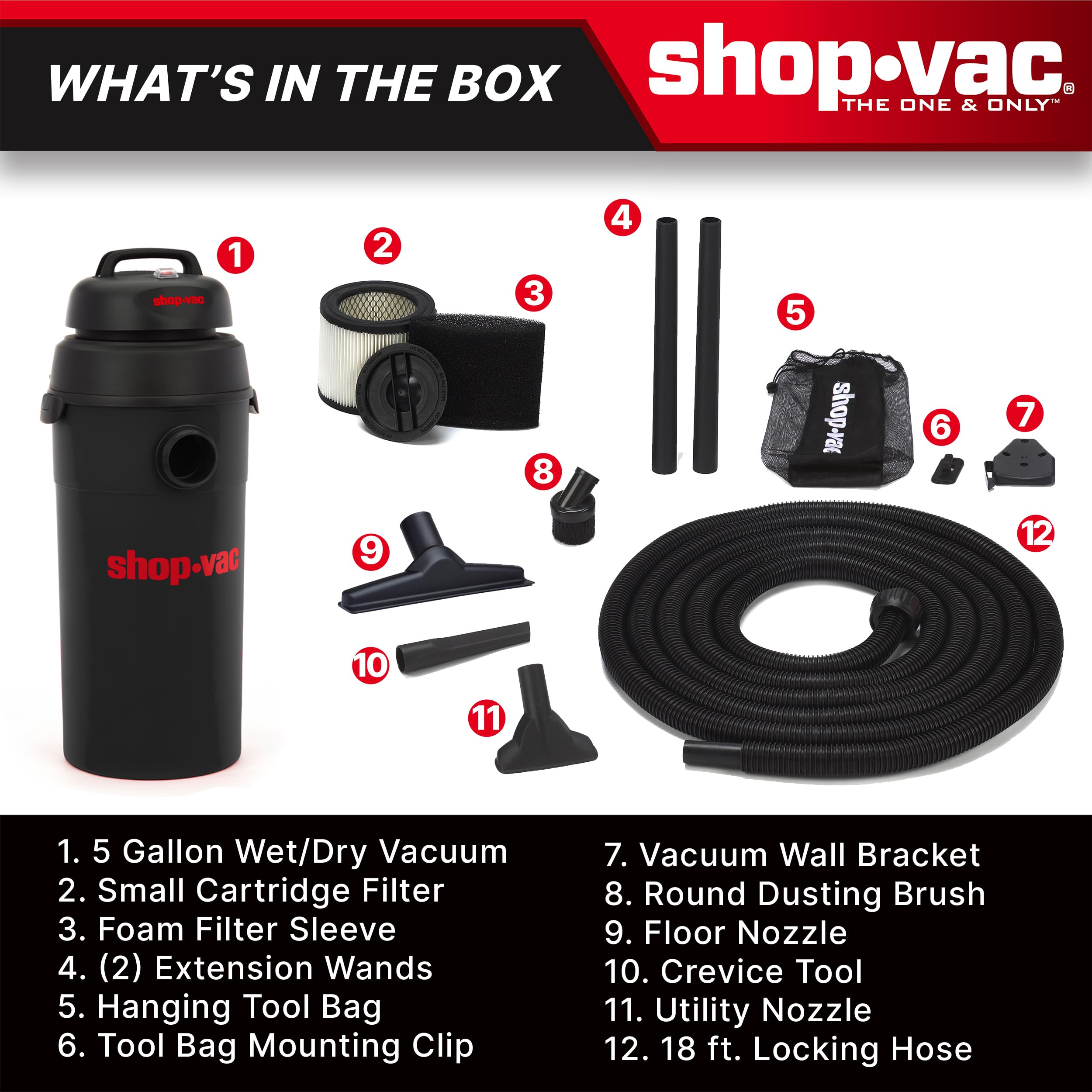 Shop-Vac 9522205 5 Gallon 5.5 PHP Wall-Mounted Wet/Dry Vac, 18 Ft Lock-On Hose, Includes Nozzles and Storage Bag, Ideal for Garage and Workshop