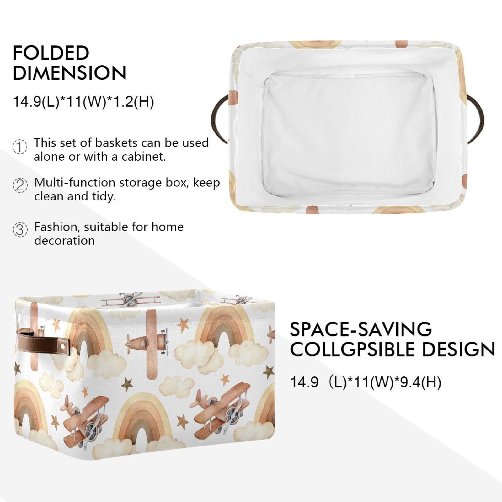 susiyo Large Foldable Storage Bin Airplane Rainbow Fabric Storage Baskets Collapsible Decorative Baskets Organizing Basket Bin with PU Handles for Shelves Home Closet Bedroom Living Room-2Pack