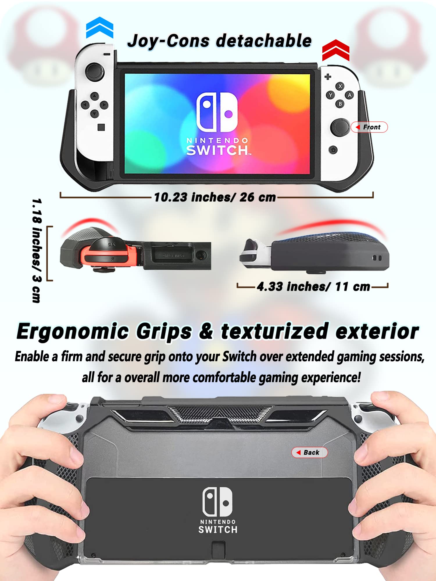 Innoc Switch OLED Case Dockable Protective Case Cover Shockproof Protector for Nintendo Switch OLED Model 2021 with 2 Screen Protector and Thumb Caps, Ergonomic TPU Grip with Game Card Slots(Black)
