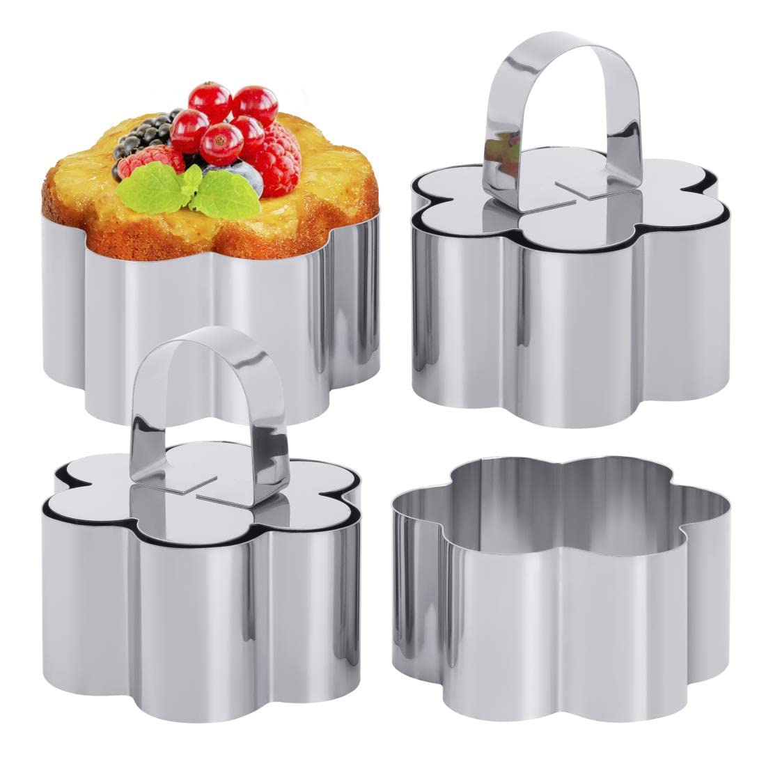 KnmyLife Ring Molds Set for Cooking, Stainless Steel 3 Inch Flower-Shaped Cake Rings with Pusher,Pastry Baking Mold(4 Rings and 4 Pusher)