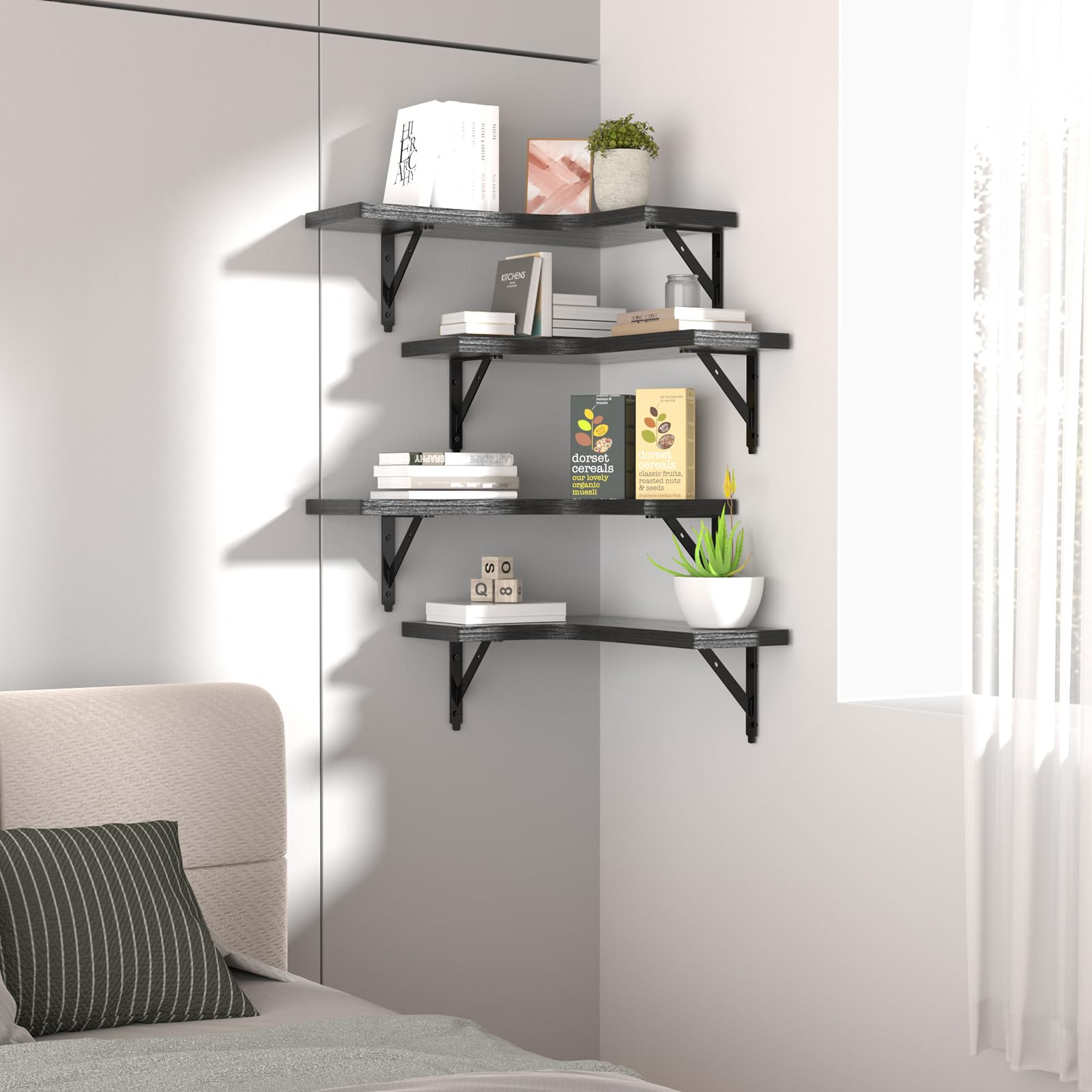 ROMGUAR CRAFT Corner Floating Shelves Wall Mounted Set of 4, Rustic Wood Storage Display Wall Shelves for Home Decor, Bathroom, Kitchen, Bedroom, Living Room, Office (Brown)