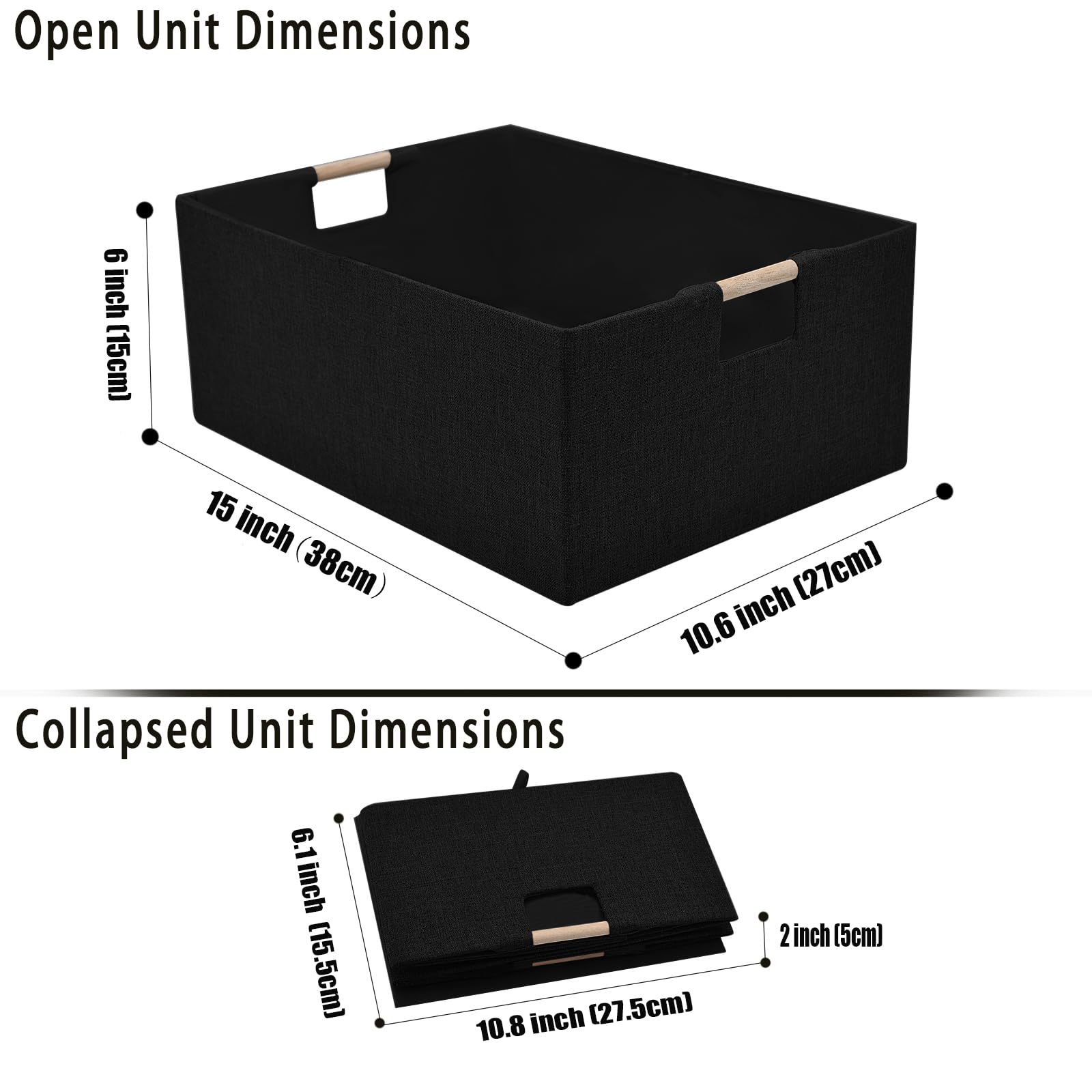 xianshengle Fabric Storage Basket for Shelves, Collapsible Storage Bins with wood Handles, Rectangle Closet Baskets, Wardrobe Organiser, for Sorting Clothes, Family Items (Black) (1)