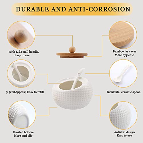 Porcelain Condiment Jar Set, Spice Jars with Bamboo Lids and Spoon, Wooden Tray, 170 ML (5.8 OZ), Used to Store Tea, Spices, Coffee, Set of 3(White)