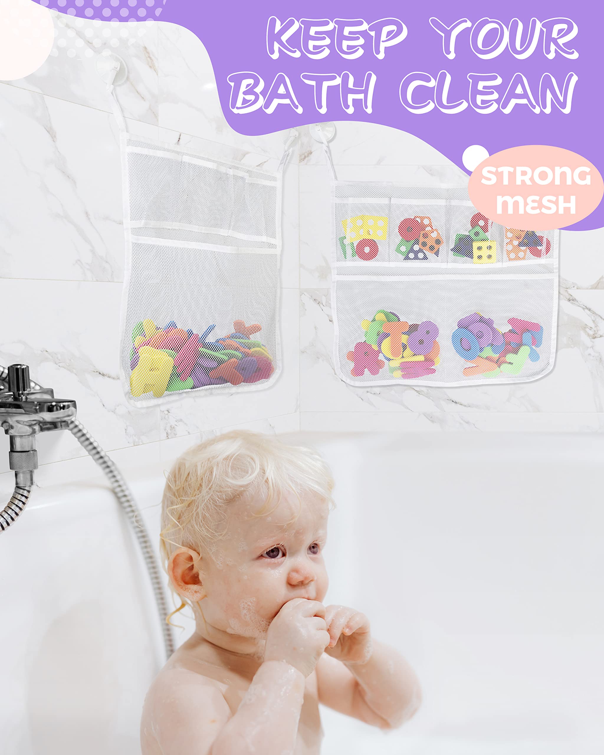 MoHern Bath Toy Storage for Bath Toys, 3PCS Bath Toy Holder with 6 Ultra Strong Hooks and 36 Bath Letters & Numbers, Multi-use Mesh Bath Toy Organizer Making Bathtub Toy Storage Easy…