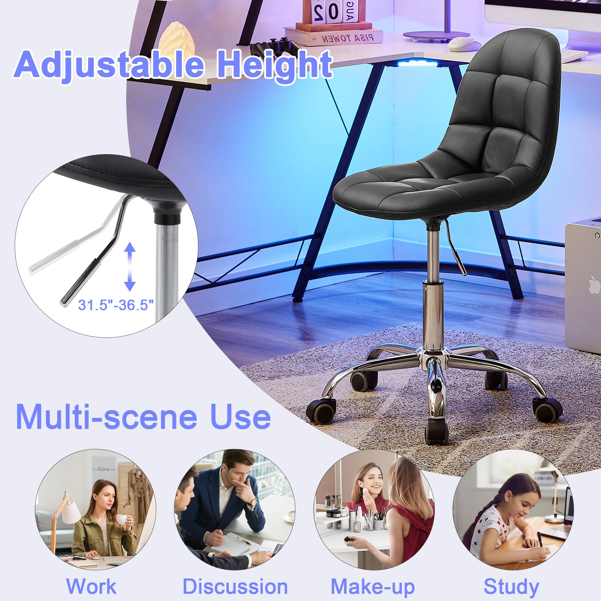 VECELO Soft Desk Chair, Stylish Casual Vanity Seat, Armless with Comfy Lumbar Support, PU Leather Hight Adjustable, 360° Rolling Swivel for Study, Work, Makeup, Weight up to 330 Lbs, Black