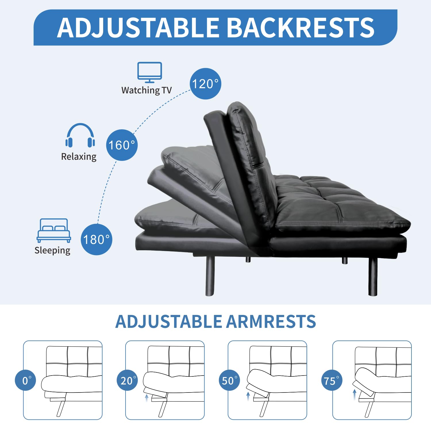 MUUEGM Faux Leather Futon Sofa Bed, Convertible Memory Foam Couch Bed, Modern Love Seat for Living Room,Compact Space,Apartment,Office,Adjustable Backrests Armrests Couch Sleeper,71" Matte Black