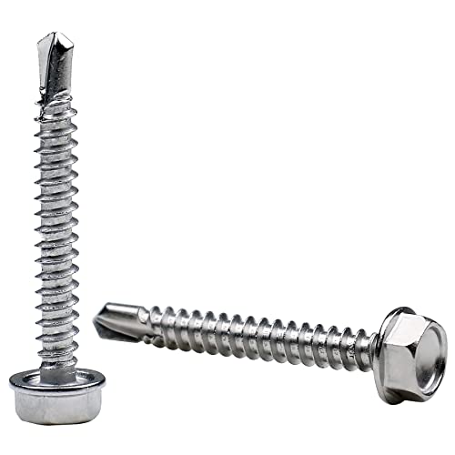 MateOne #10 1-1/2" 410 Stainless Steel Hex Washer Head Self Tapping Screws, 410 Stainless Steel Self Drilling Tek Screws Sheet Metal Screws -50pcs