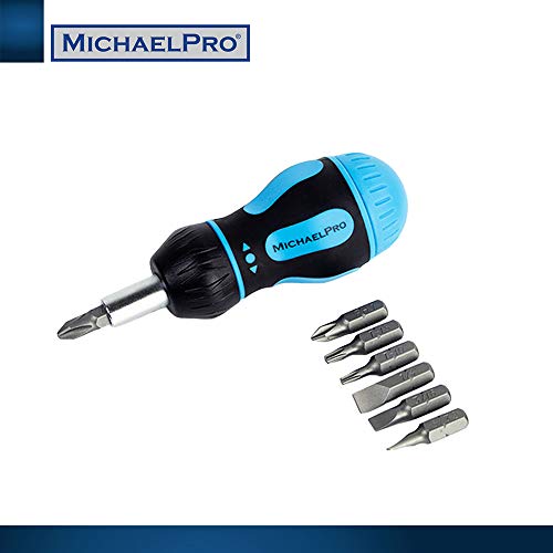 MichaelPro MP002005 8-Piece Multibit Screwdriver, Stubby multi screwdriver with 3 Slotted, 2 Philips and 2 Star, 7 in 1 Stubby Ratchet Screwdriver Short Nut Driver