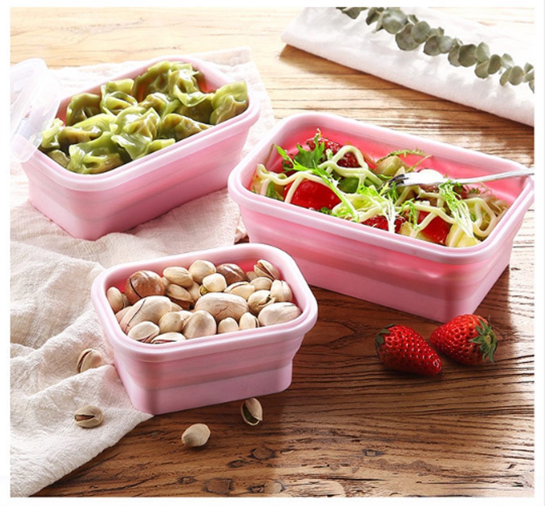 Keweis Silicone Lunch Box Bento Box, Collapsible Folding Food Storage Container with Lids, Kitchen Microwave Freezer and Dishwasher Safe, Set of 3, (Pink)