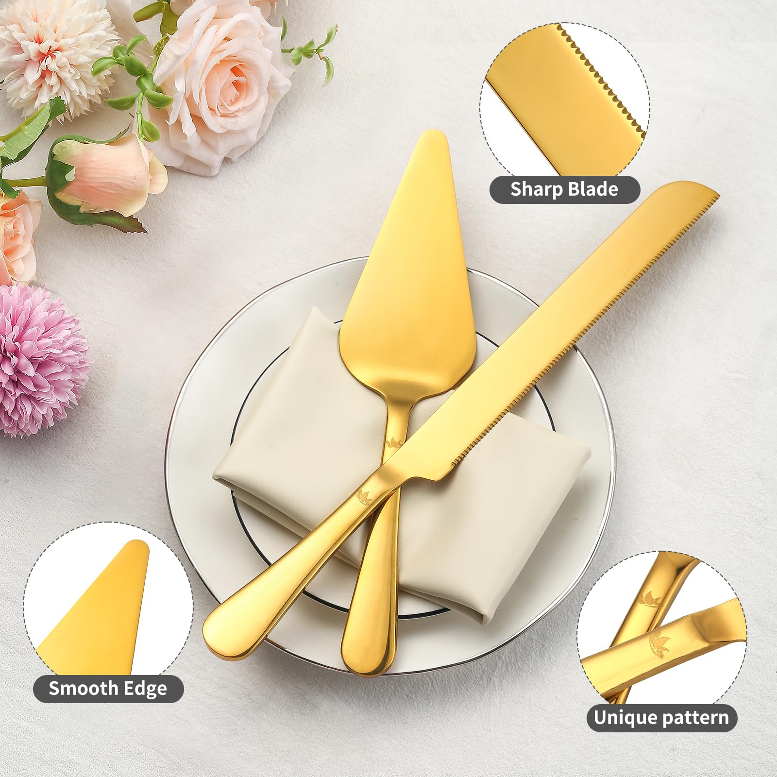SANEXC Cake Cutting Set for Wedding - Extended Cake Knife And Server Set Thickened Stainless Steel Cake Cutter and Pie Spatula Great for Birthday Anniversary Christmas Gift Gold 2 Pcs