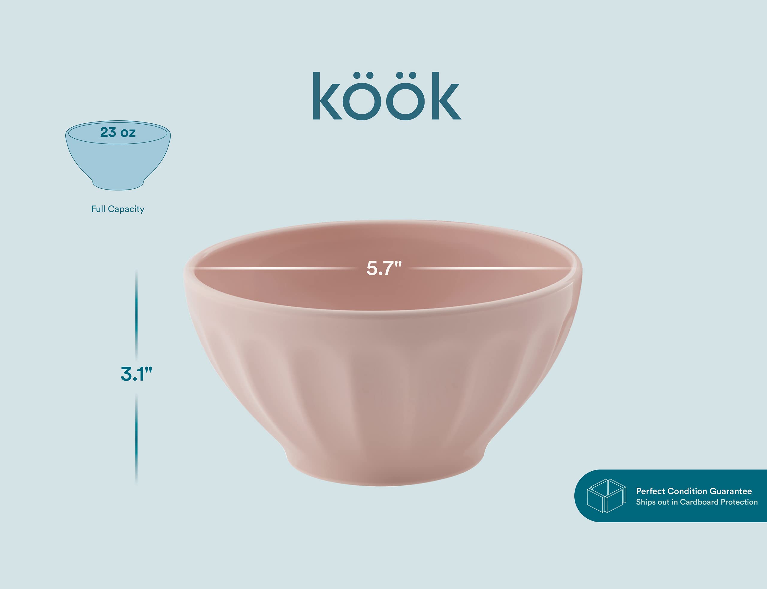 KooK Ceramic Cereal Bowl Set, Kids Breakfast Bowls, Fluted, Microwave and Dishwasher Safe, Kitchen Bowls, For Soup, Pasta, Salad, Dessert, 20 oz, Set of 6 (Dusty Pink)