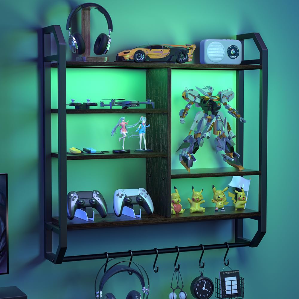 Nidouillet Gaming Floating Shelves, Large LED Wall Mounted Display Shelf, Adjustable Hanging Pipe Shelf Bookshelf with Lights 6 Hooks for Game Living Room Bedroom Coffee Bar Kitchen Decor Black