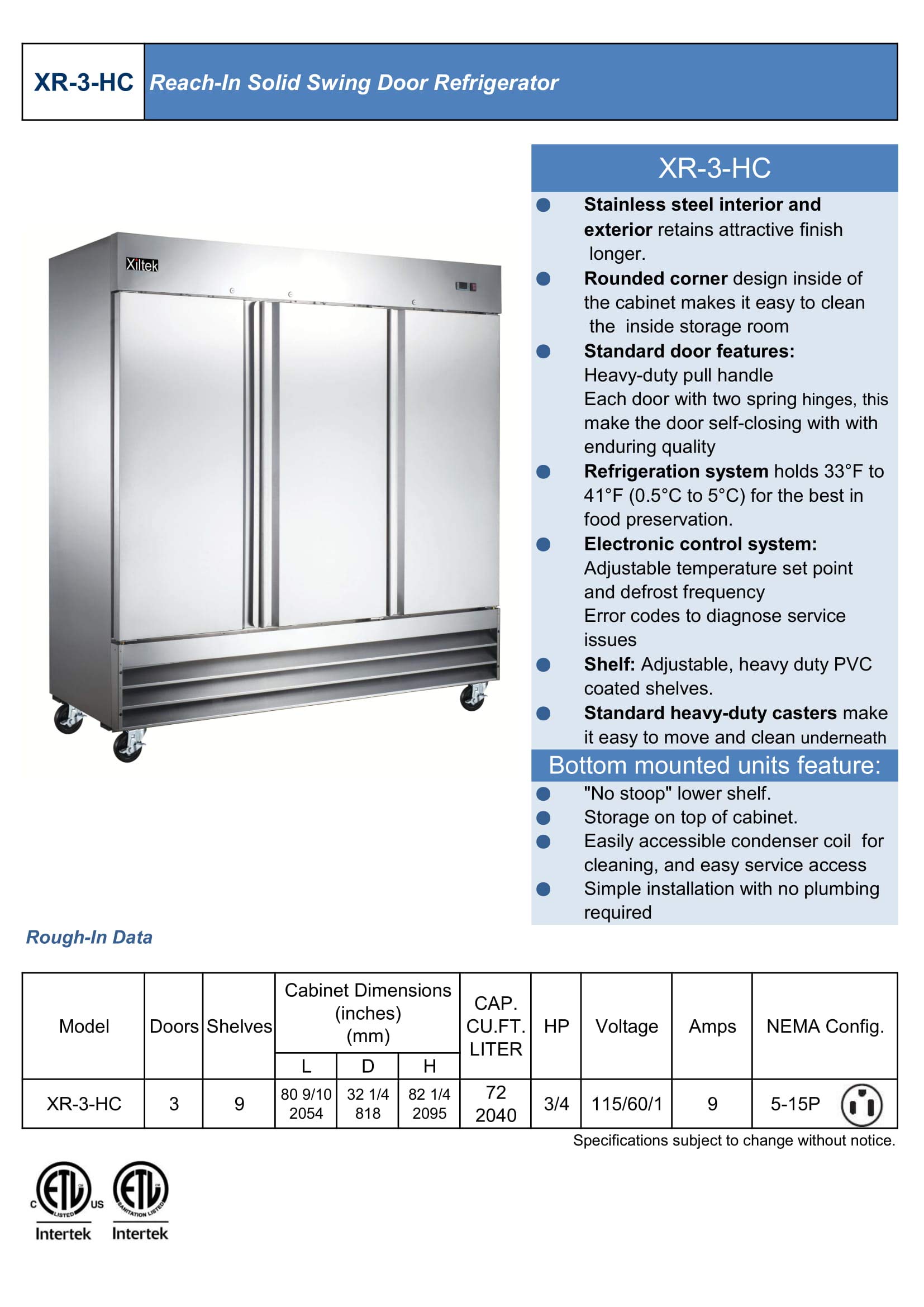 Xiltek New Three Door All Stainless Steel Reach In Refrigerator 72 Cu. Ft