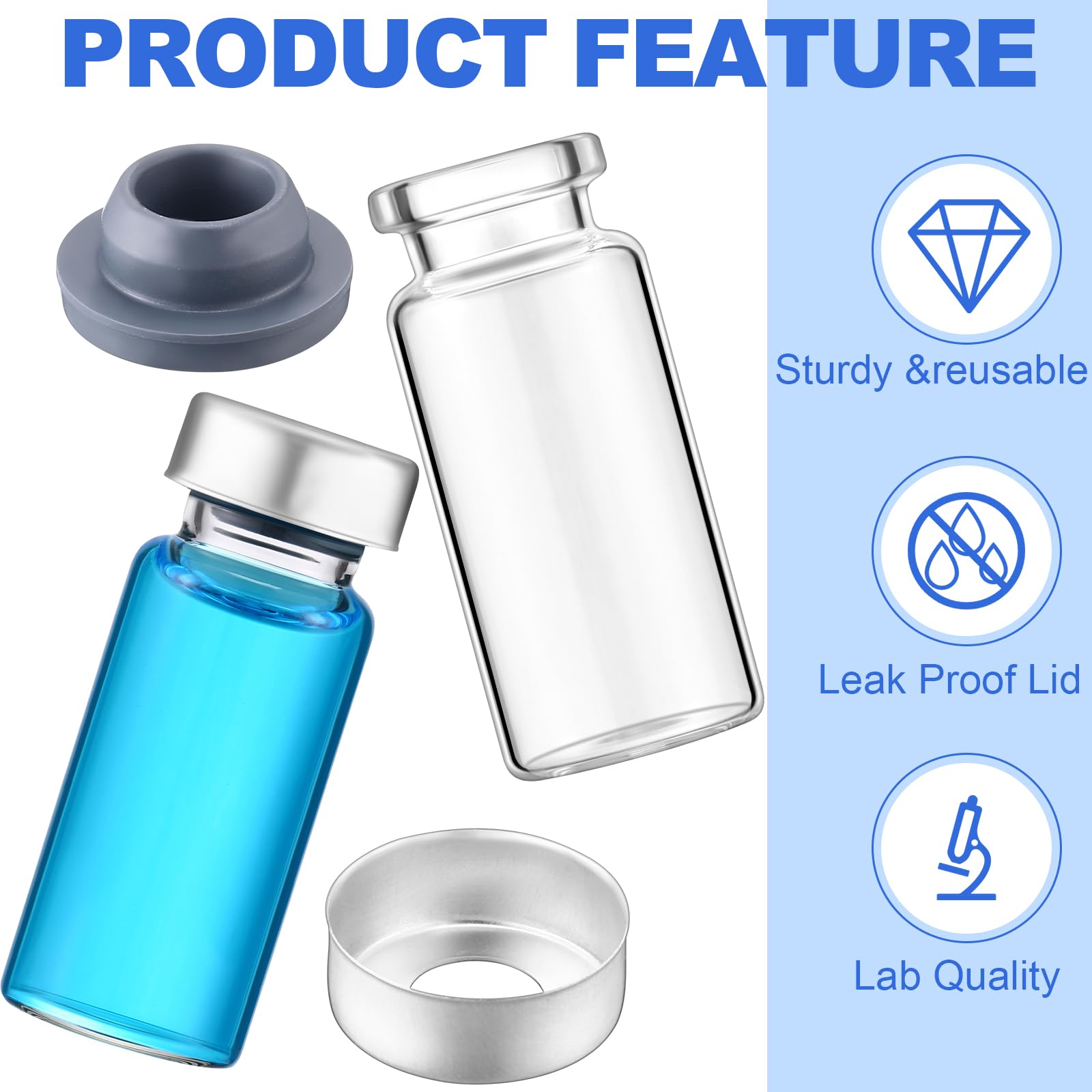 Potchen 100 Pack Sterile Vials For Injections Glass Empty Bottle Bulks Lab Sample Vial With Aluminum Flip Caps And Rubber Stoppers Glass Vials with Injection Port(10 ml)