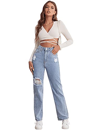SweatyRocks Women's High Waist Straight Leg Jeans Ripped Distressed Denim Pants Light Blue S