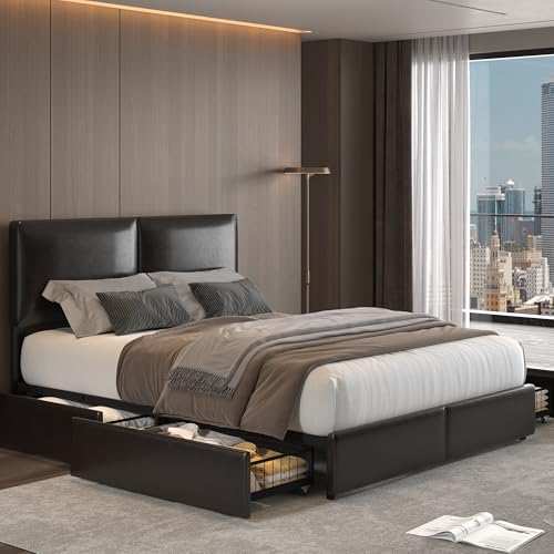 Yegee Queen Bed Frame with Storage Drawers, Leather Upholstered Bed Frame Platform with Headboard, Wood Slats Support Bed Frame, Easy Assembly, Noise Free, No Box Spring Needed, Dark Brown