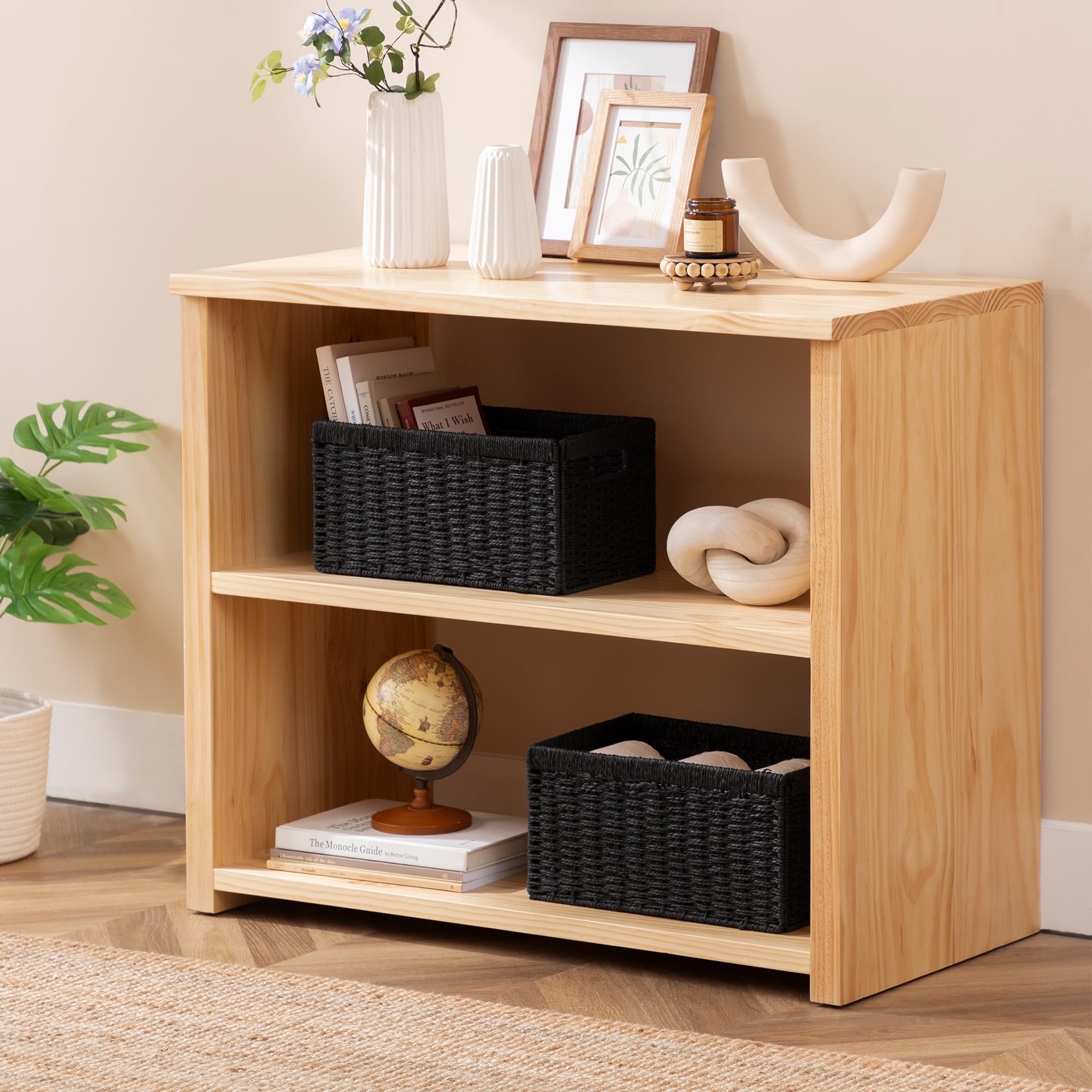 UBBCARE 2 Pack Wicker Basket, 13.4L×8.3H×7.1W inch Woven Paper Rope Storage Baskets for shelves, Foldable Rectangular Storage Baskets with Handle, Storage Basket for Organizing, Black