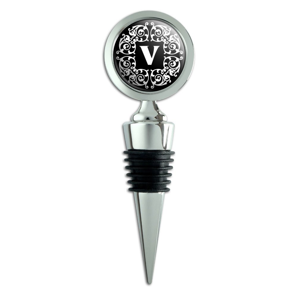 Letter V Initial Black White Scrolls Wine Bottle Stopper