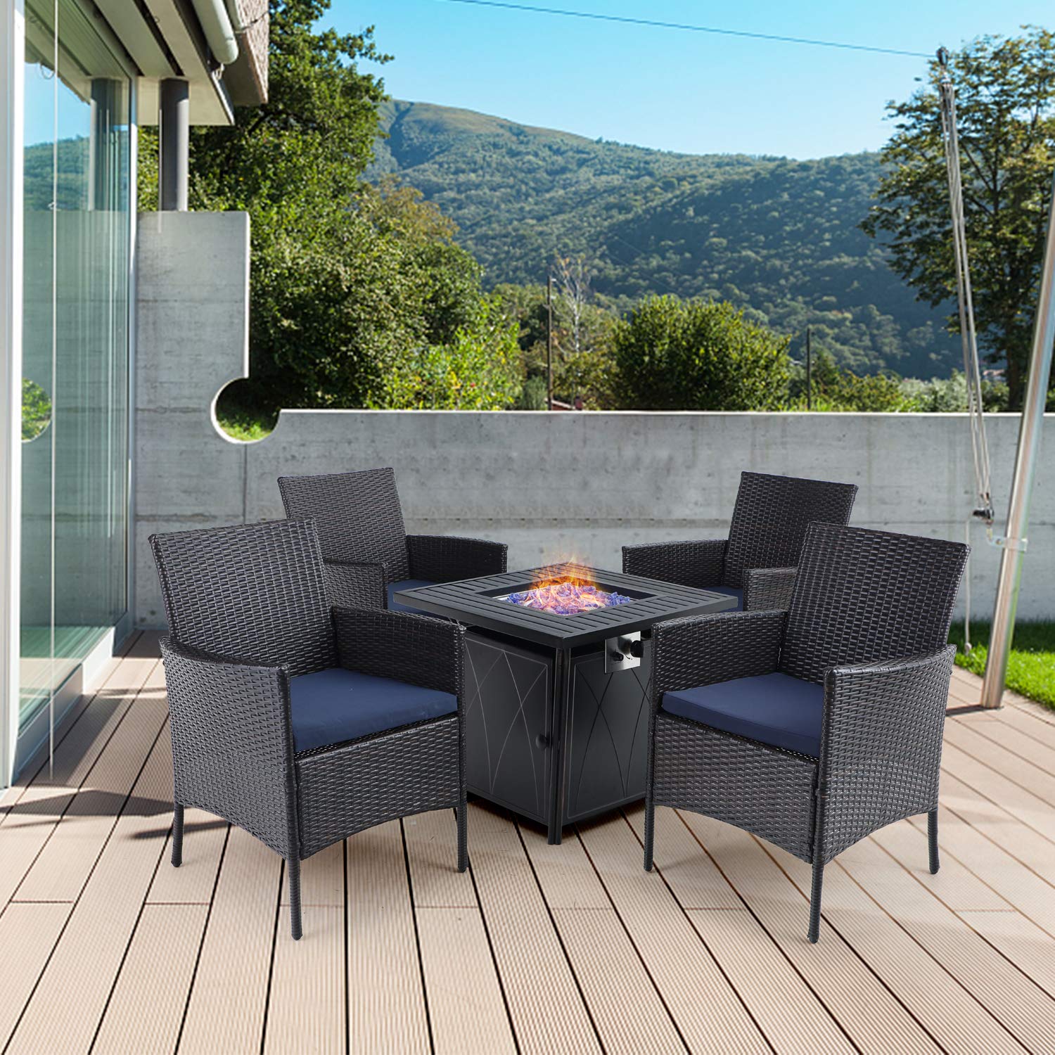 MFSTUDIO 28 Inch Propane Gas Fire Pit Table & Wicker Chairs Furniture Set with Blue Fire Glass, Multi-Function Outdoor Patio Conversation Set, 50,000 BTU, CSA Certification