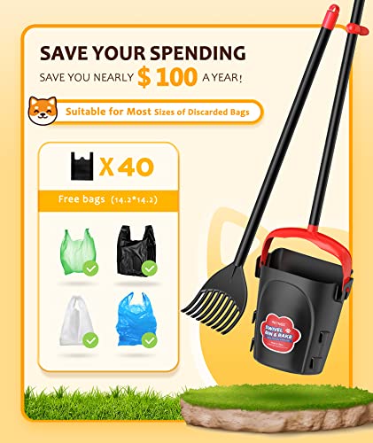 PETNOZ LIFE Large Swivel Bin & Rake Pooper Scooper with 40 Waste Bags, 36" Long Handle & 4 Bag Hooks Adjustable Dog Pooper Scooper for Large Dogs and Pets, Portable Non-Breakable Dog Poop Scooper