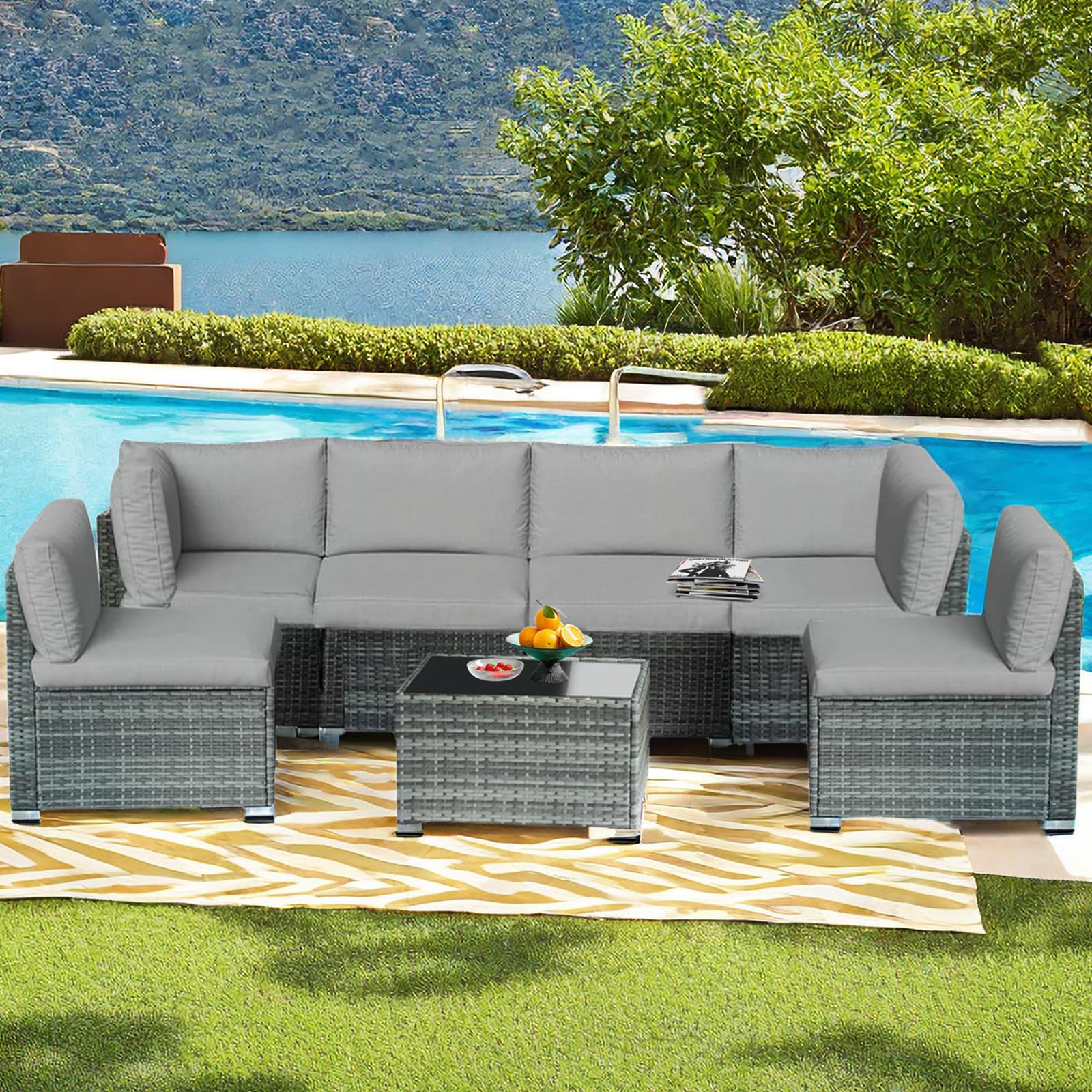 Outdoor 7 Piece PE Wicker Furniture Set, Patio Conversation Set Sectional Rattan Sofa Set with Four Seats, Two Corners and 1Tempered Glass Table (Gray-Gray, 7PS)