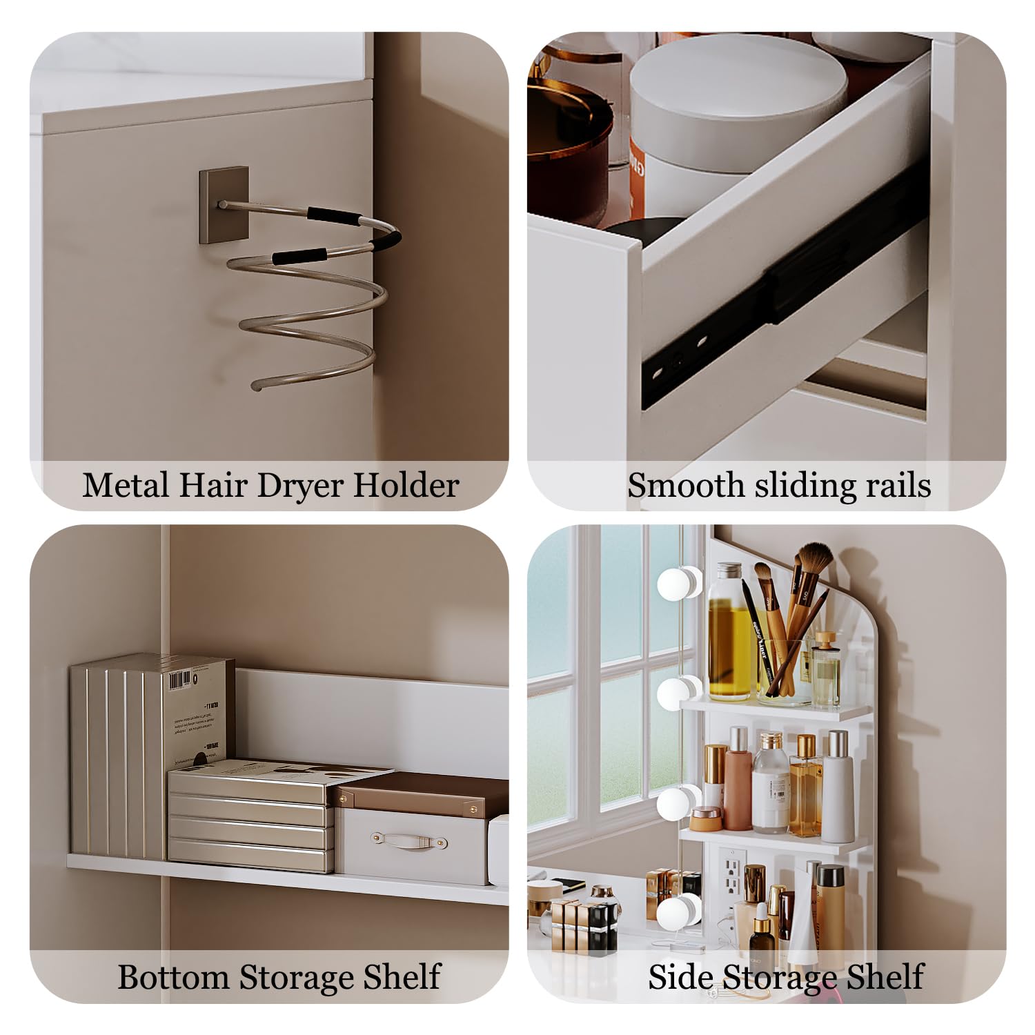 sbdmirau Modern Vanity Desk with Lighted Mirror, Desk Makeup Dressing Table with Power Strip, 12 LED Lights, 1 Large Drawers, Writing Desk with 3-Sectio Storage Shelves for Bedroom, White