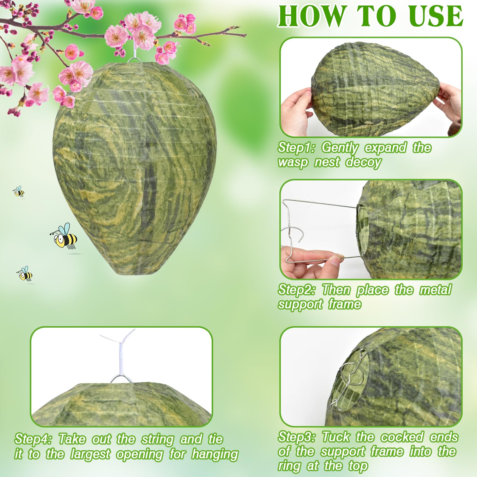 ZeeDix 4 Pack Hanging Fake Wasp Nest for Indoor and Outdoor, Home and Garden(8.66"×11",Dark Green)