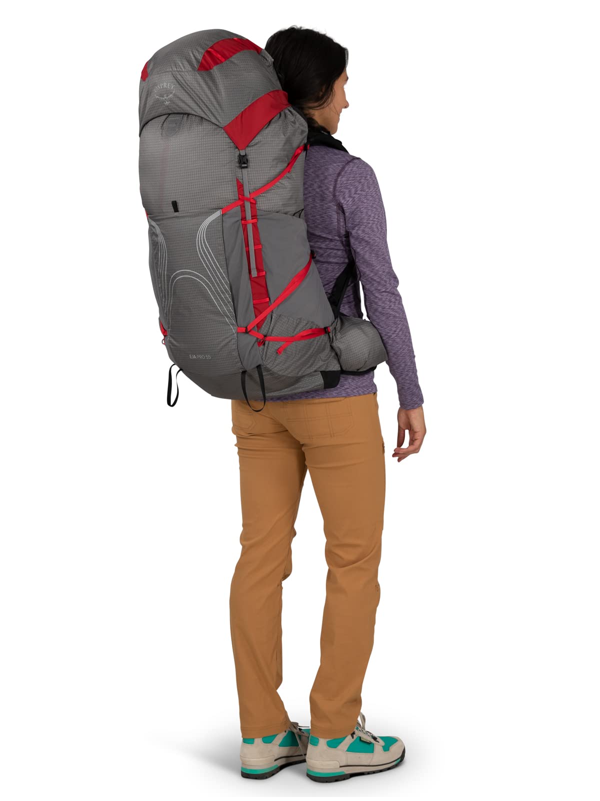 Osprey Eja Pro 55L Women's Backpacking Backpack, Dale Grey/Poinsettia Red, WXS/S