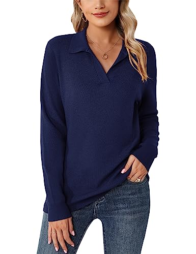 Romanstii Women's Knitted Polo Sweaters Long Sleeve V Neck Collared Shirts Winter Pullover Tops,Navy Blue,L