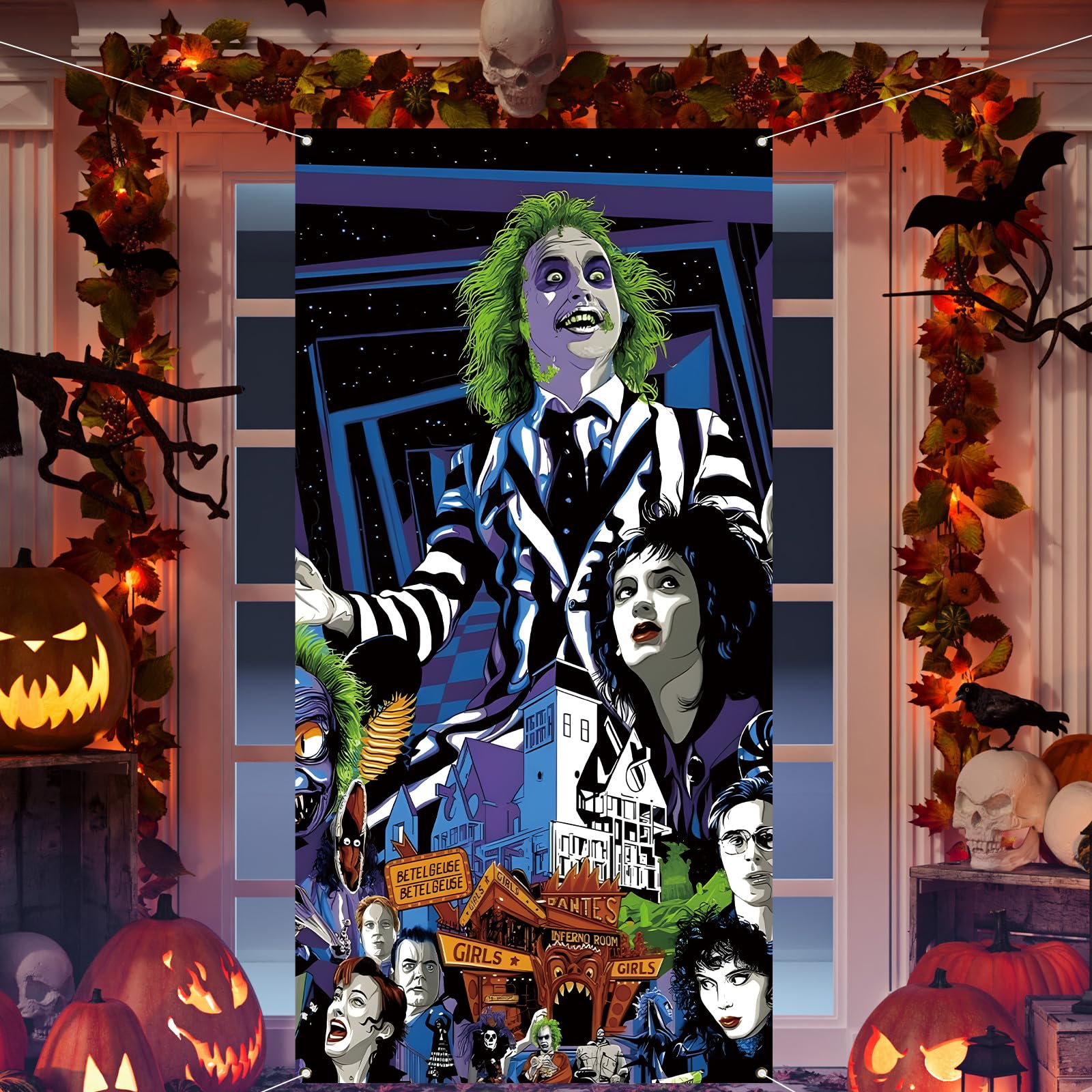 Scary Creepy Halloween Door Cover Classic Movie Role Photo Backdrop Horror Party Decorations and Supplies for Home-71×35''