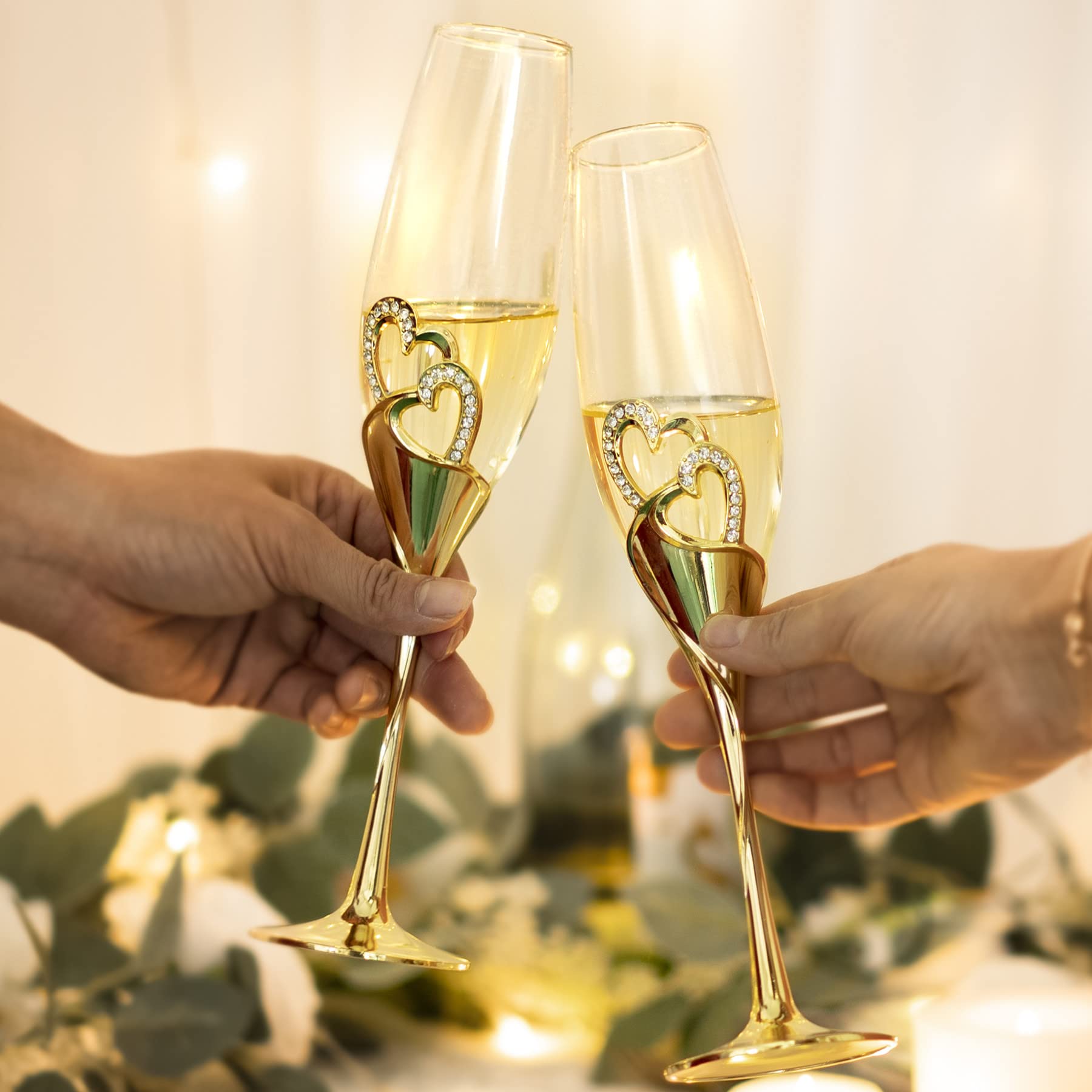 LANLONG Wedding Champagne Goblets Toasting Flute Glasses for Bride and Groom Creative Deluxe Glass Cups with Rhinestone Rimmed Heart Decoration Gift Set