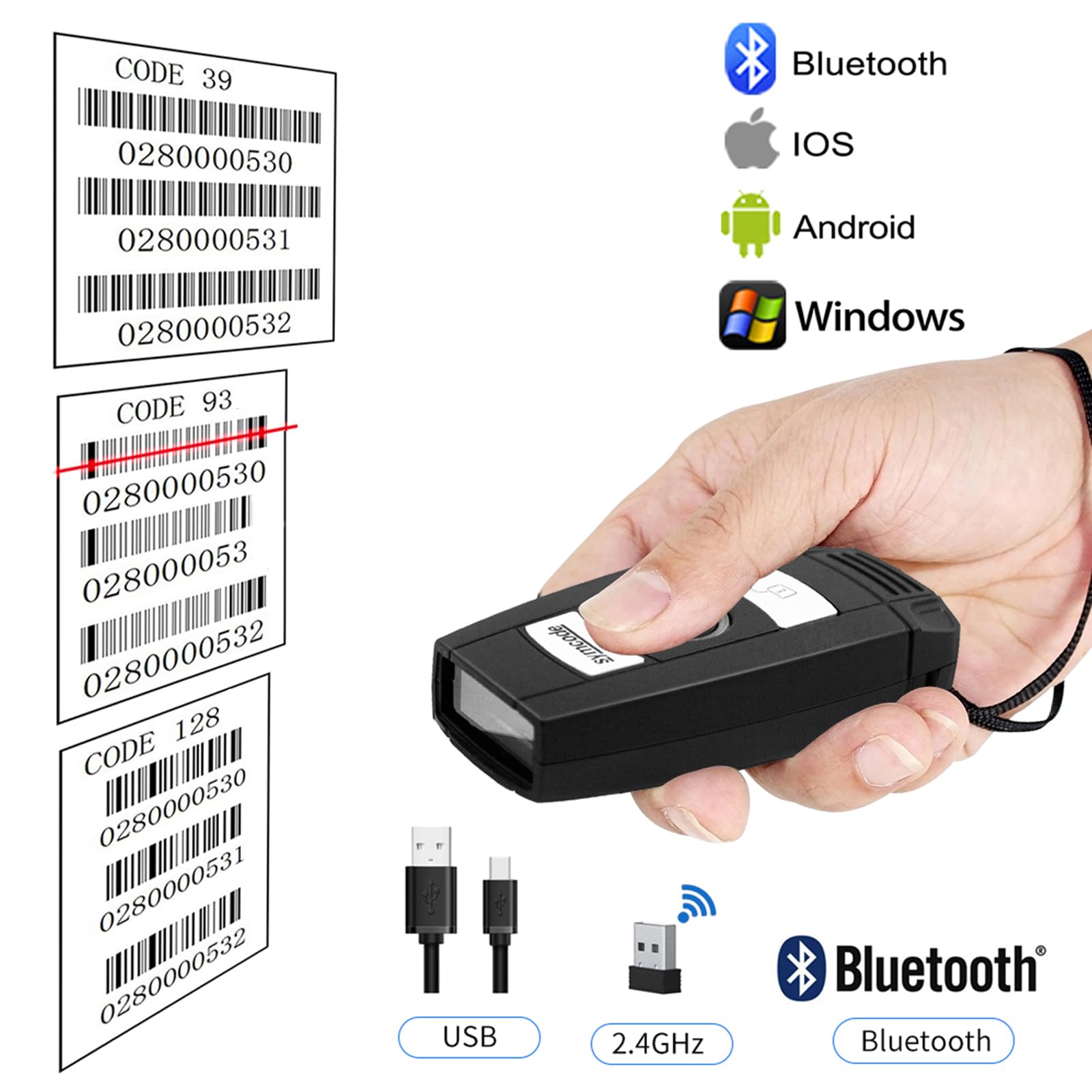 Symcode Bluetooth Barcode Scanner 1D Laser Wireless Barcode Scanner 3-in-1 BT & USB Wired & 2.4G Portable Handheld scanning Barcode Reader for Library Book, Warehouse Inventory, Store