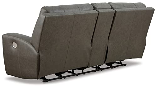 Signature Design by Ashley Roman Contemporary Tufted Leather Power Reclining Loveseat with Console and Adjustable Headrest, Gray