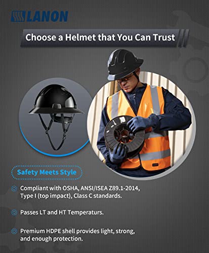 LANON Black Full Brim Hard Hat, OSHA Construction Work Approved, HDPE Safety Helmet with 4 Point Adjustable Ratchet Suspension, Class E, G & C