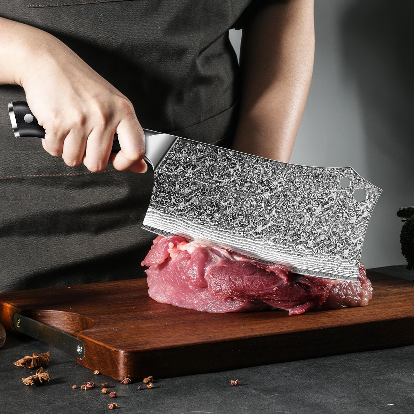 MOSFiATA Damascus 7” Cleaver Knife,Ultra Sharp Vegetable and Meat Butcher Knife with Finger Guard for Home Kitchen and Restaurant