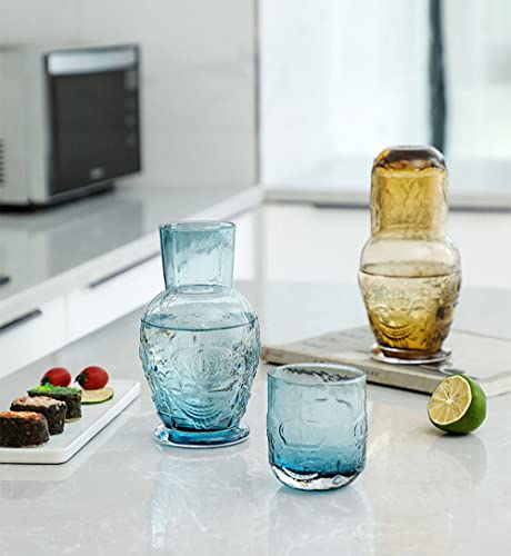 RockTrend Retro Crown Relief Clear Glass Bedside Night Water Carafe with Tumbler Glass, Pitcher And Cup Night Set