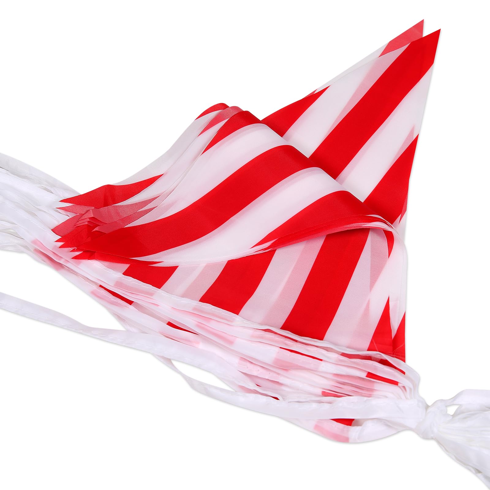 Red & White Striped Pennant Banners, Reusable Polyester Cloth Flags for Carnival Circus Party Decorations, Birthday Celebrations, Tent Camping (30 Feet - 21 Large Flags)